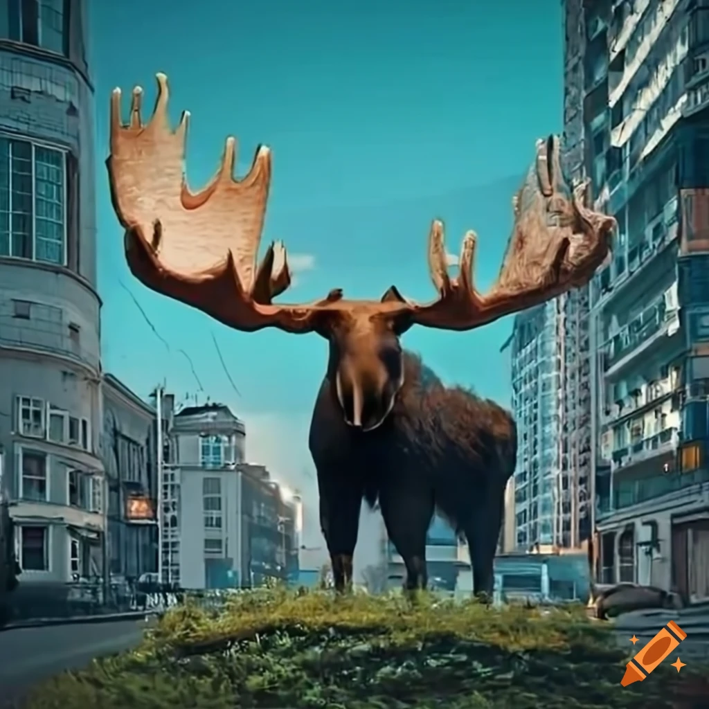 Moose walking in a post-apocalyptic city with giant mushrooms on Craiyon