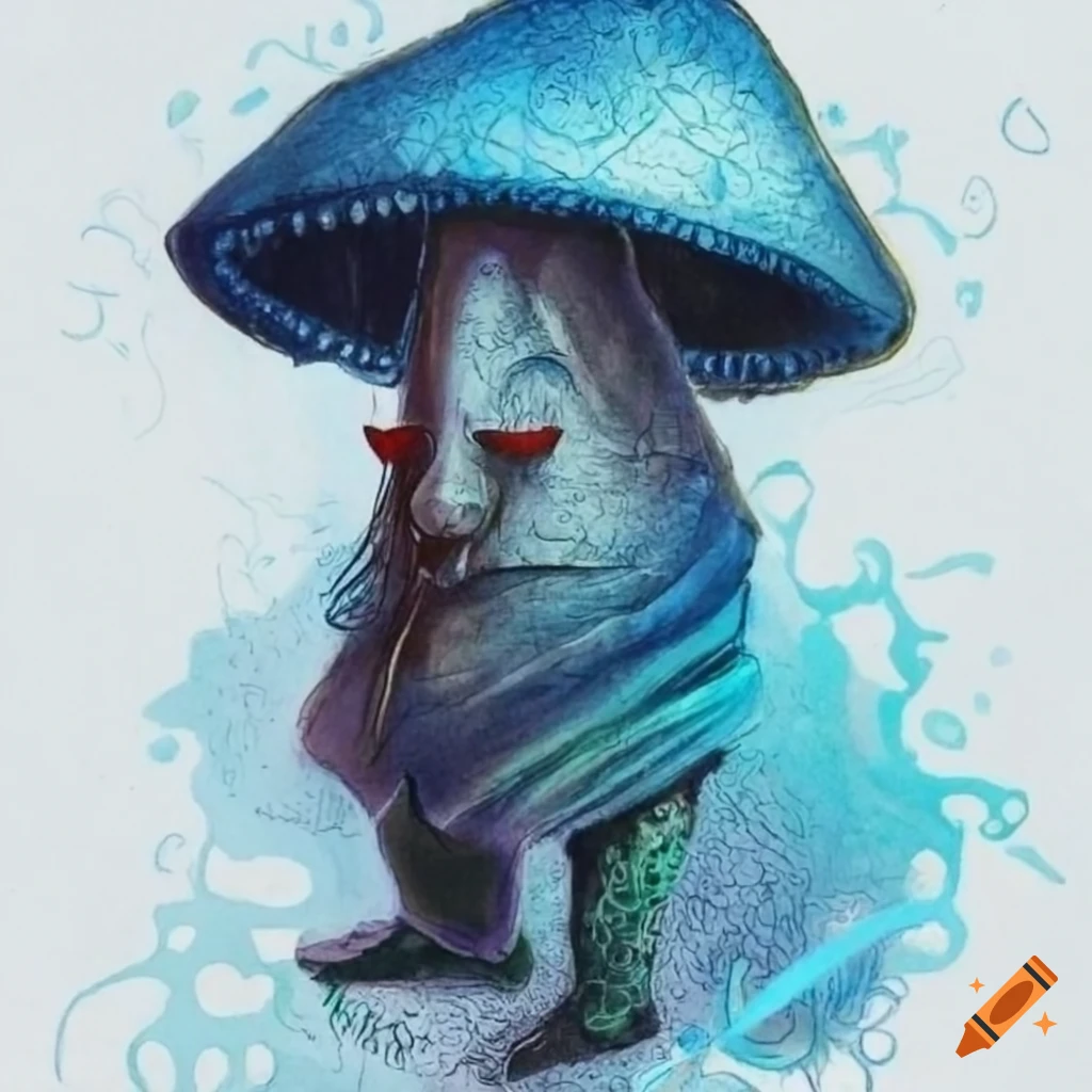 Enigma man - a friendly blue and white mushroom character on Craiyon