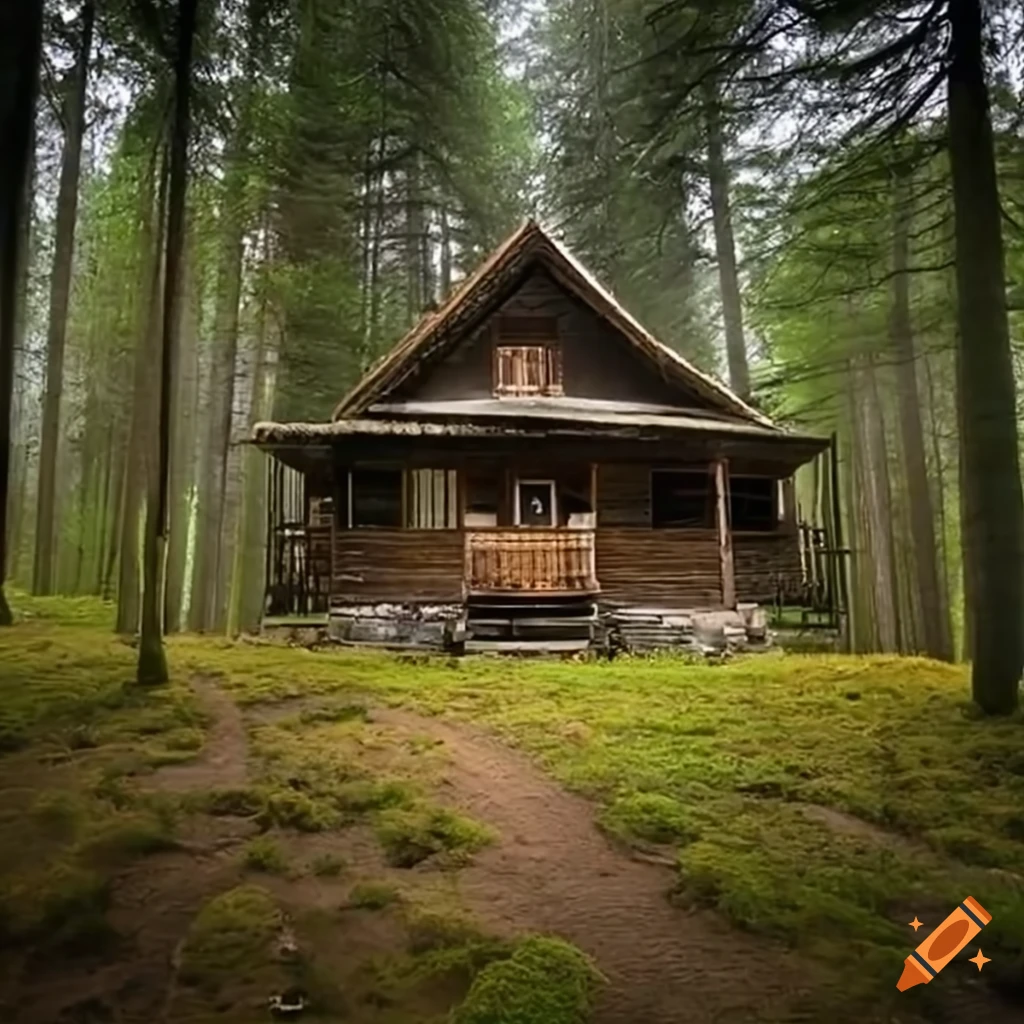 Panoramic view of a forest with a hut on Craiyon