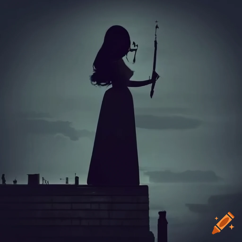 Silhouette of a princess on rooftop in a dystopian city on Craiyon