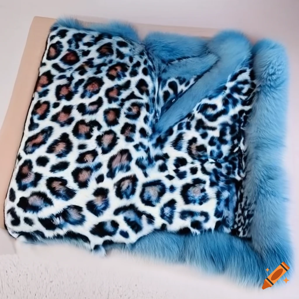 Fluffy blue and white leopard print fur blanket