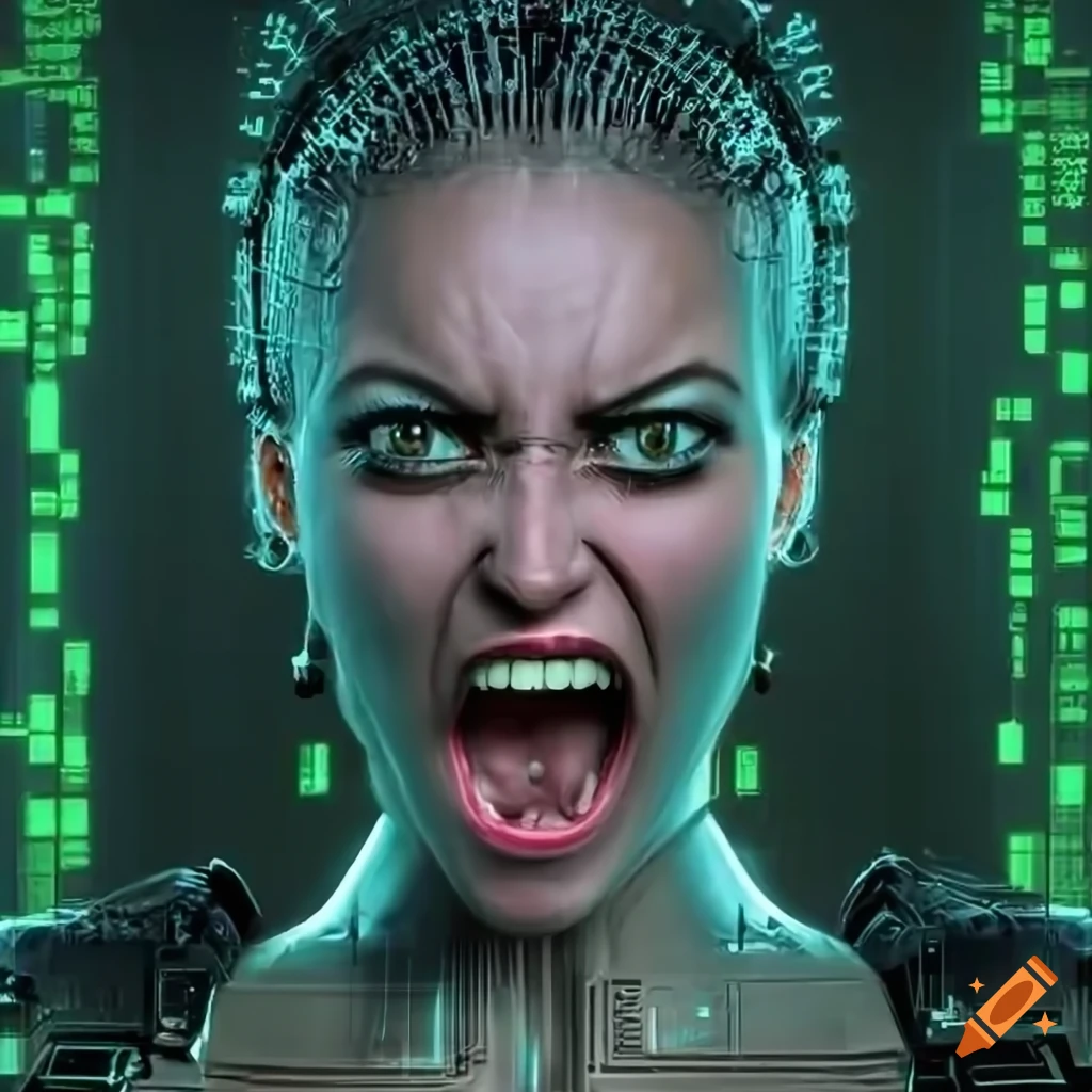 Illustration of an angry female computer AI face on Craiyon