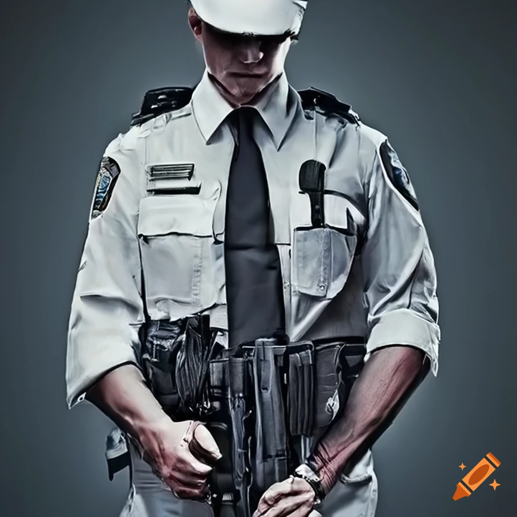 Hyperrealistic photograph of a police officer in a white shirt on Craiyon