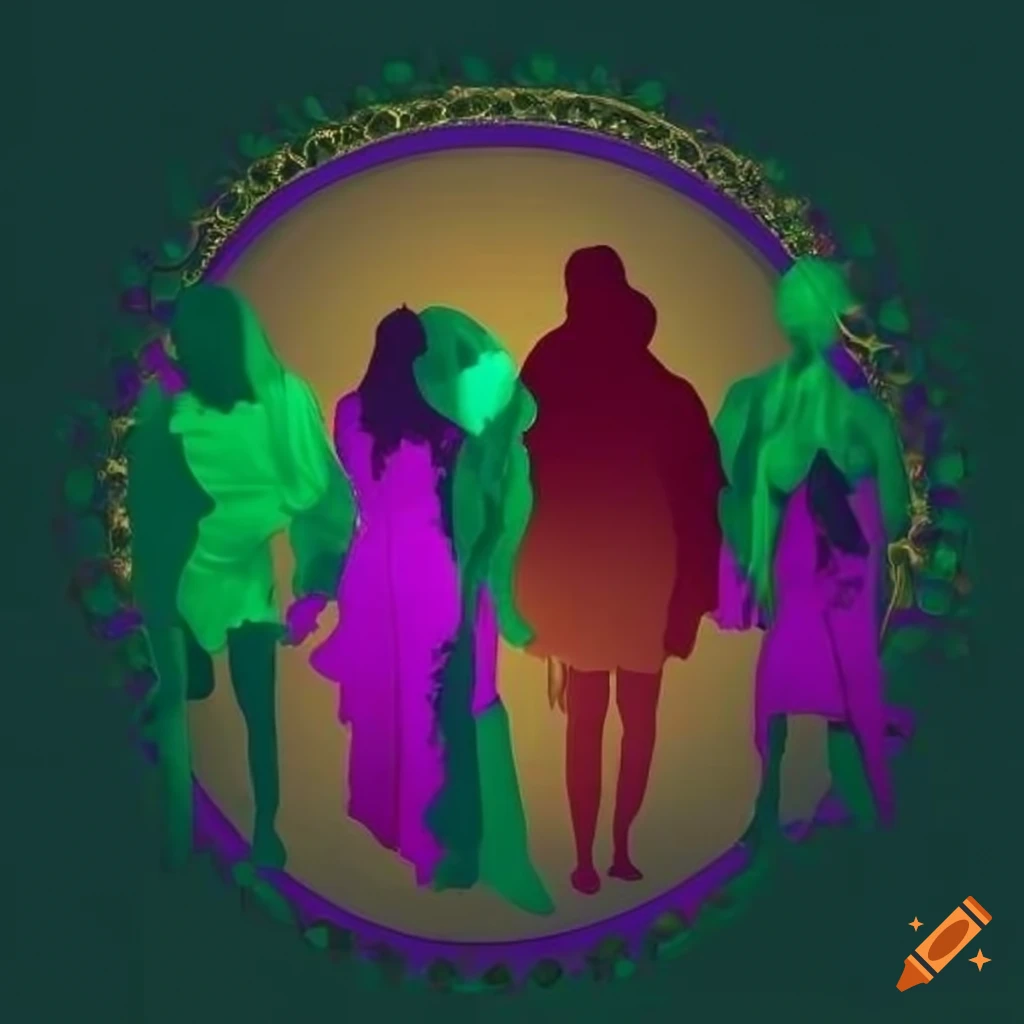 Elegant silhouette of people in emerald green, gold, maroon, and royal ...