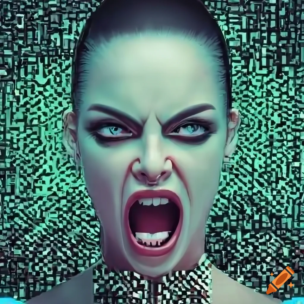 Illustration of a futuristic angry female ai face