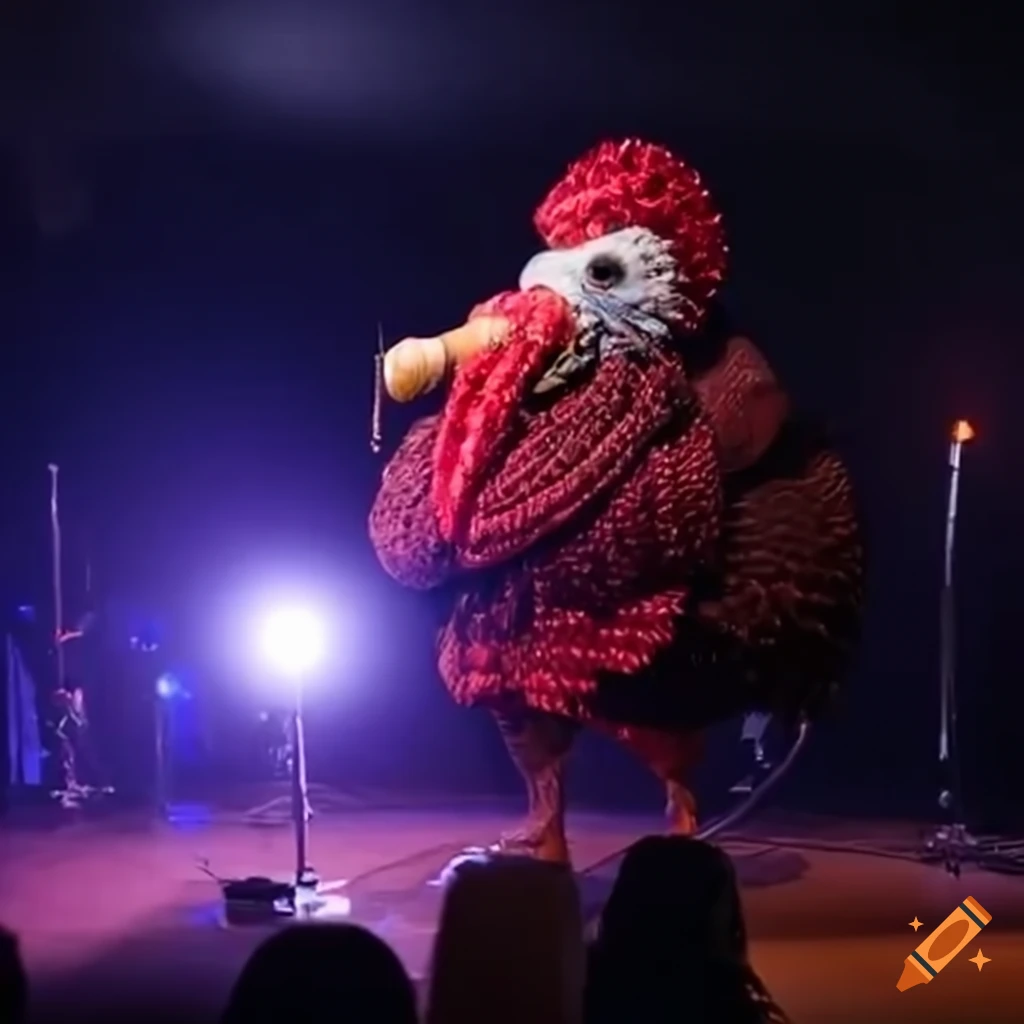 A giant turkey singing on stage