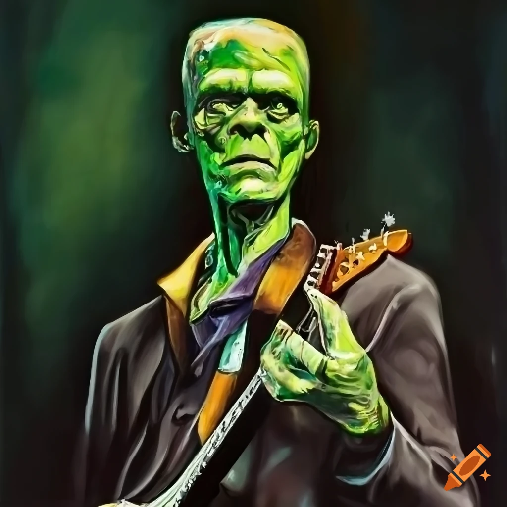 Oil painting of frankenstein with a green fender stratocaster on Craiyon