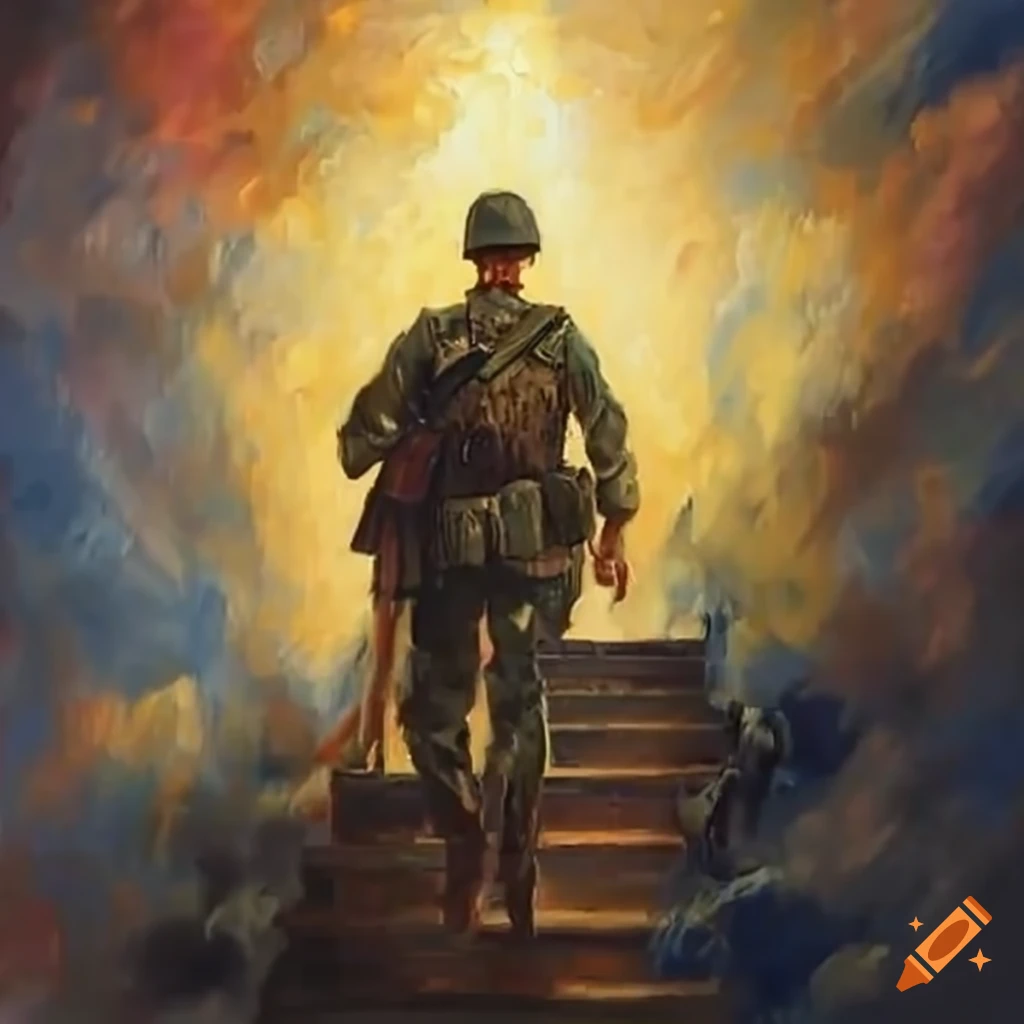 Image of a soldier ascending a stairway to heaven