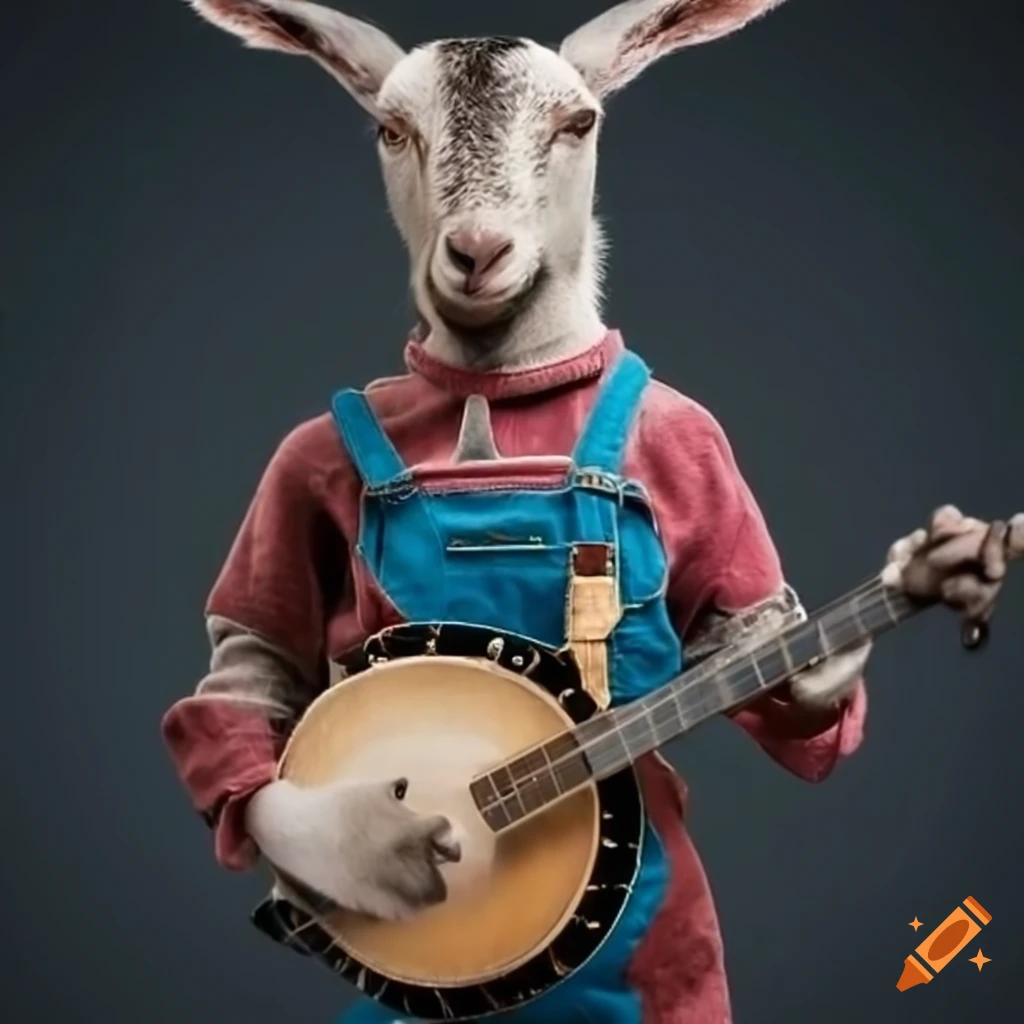 Goat playing banjo with bib overalls on Craiyon