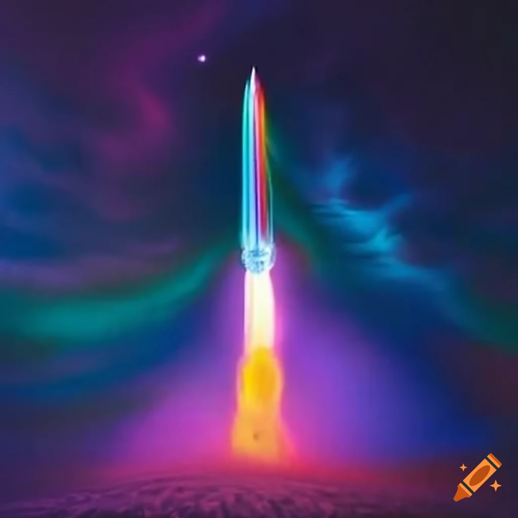 Pink Floyd's prism rocket flying in surreal night sky on Craiyon