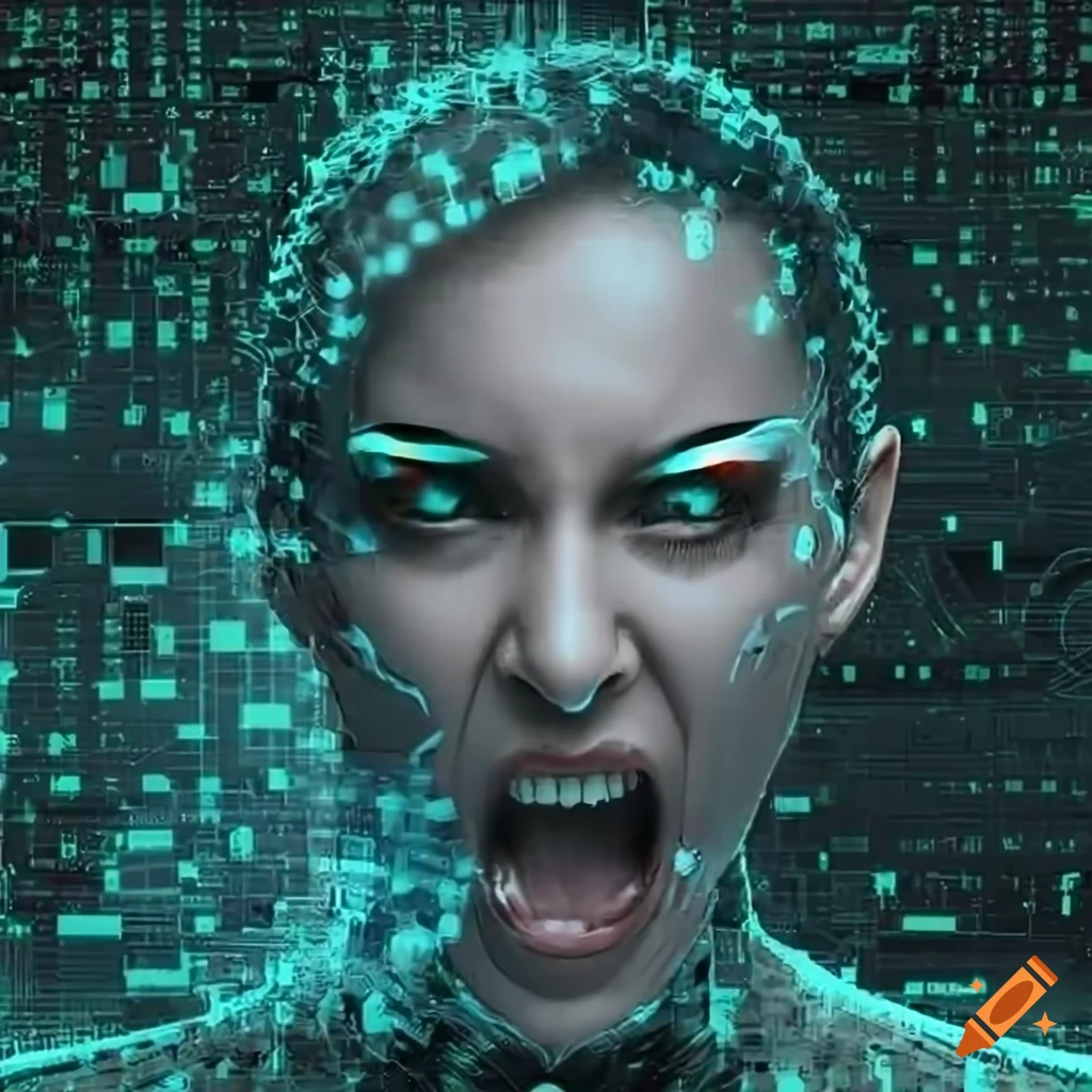 Illustration of a futuristic angry female ai face on Craiyon