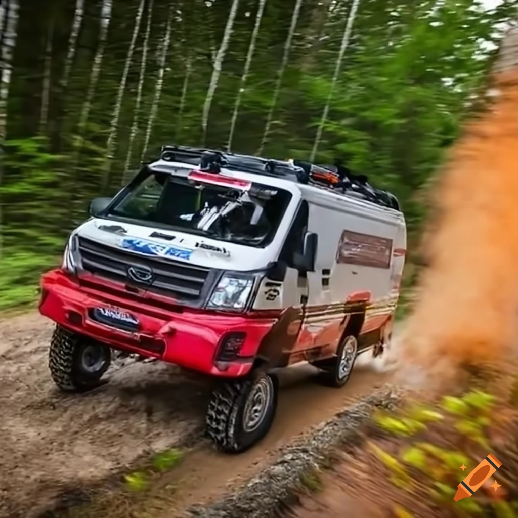 Rally van speeding through rugged terrain on Craiyon