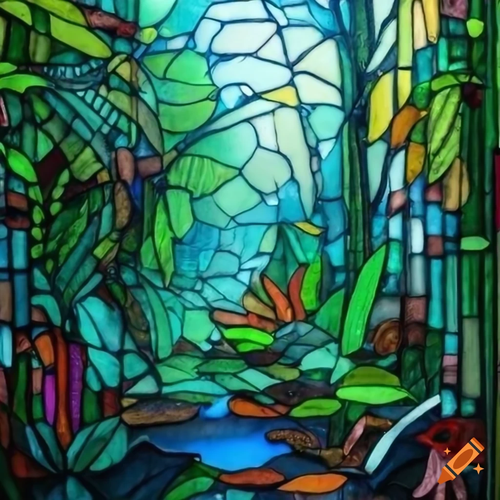 Rainy jungle stained glass panel on Craiyon
