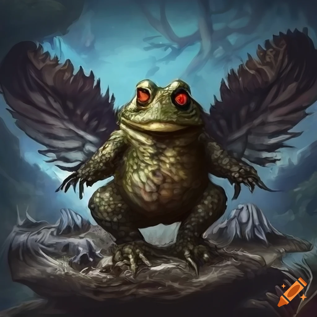 Fantasy artwork of a giant toad with raven wings on Craiyon