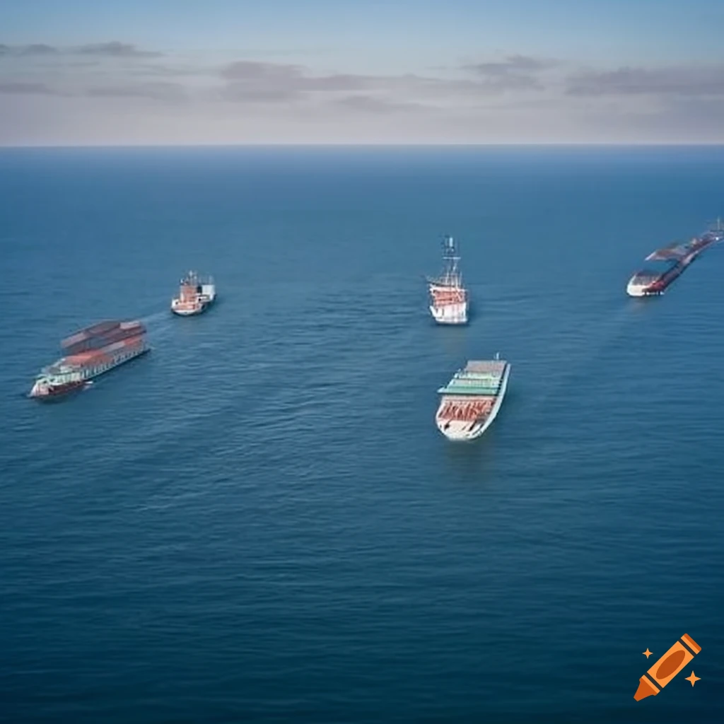 Fleet of passenger and cargo ships in the open sea on Craiyon