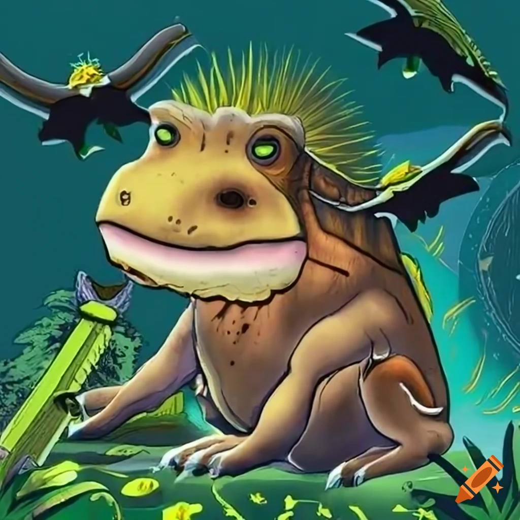 Fantasy artwork with a dinosaur, moon and magical creatures on Craiyon