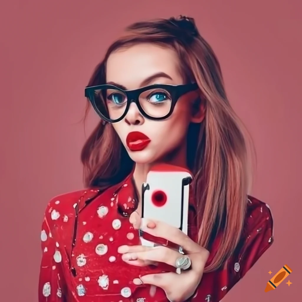 Blonde actress in red jumper showing wedding photos on talk show on Craiyon