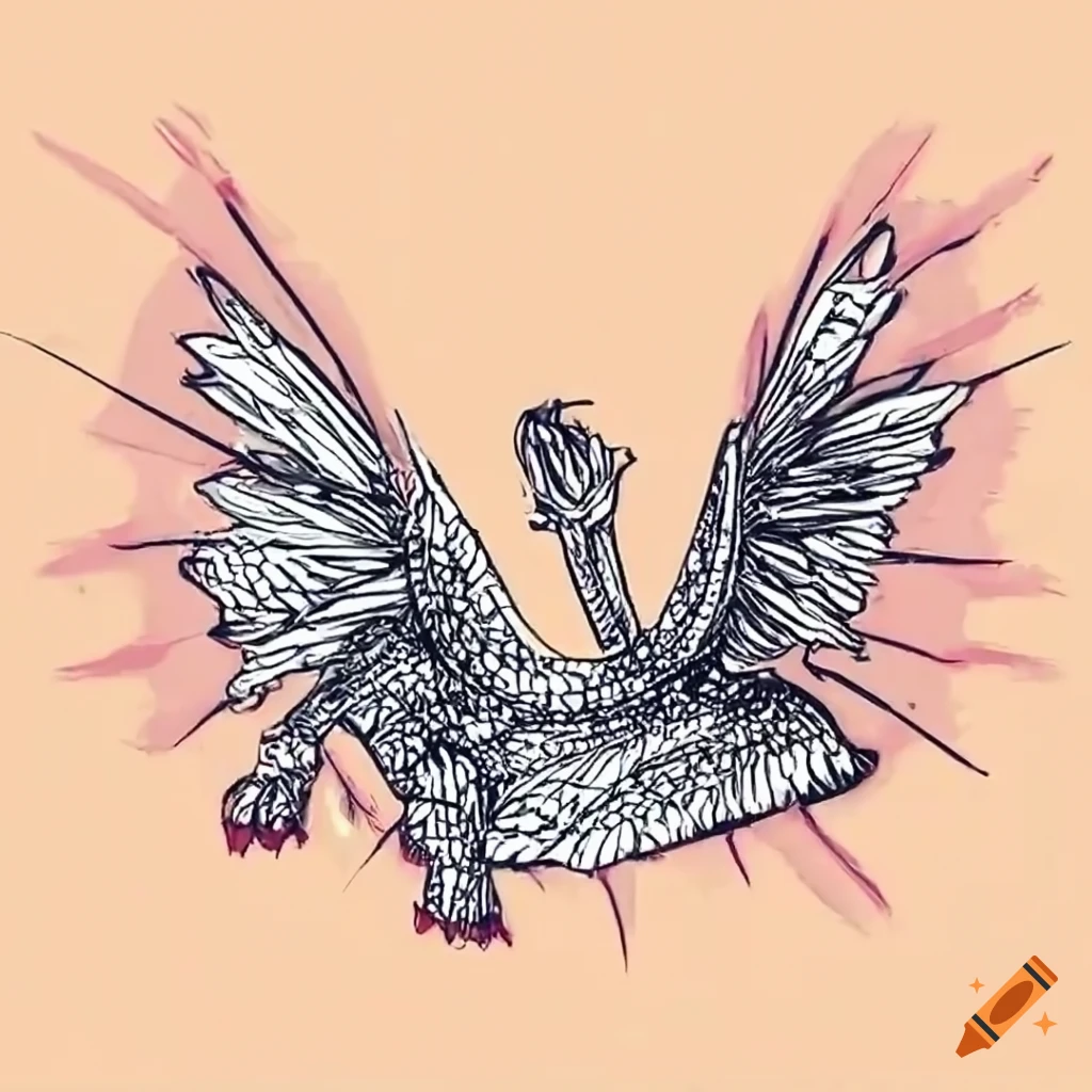 Black and white illustration of a transforming dragon UFO on Craiyon