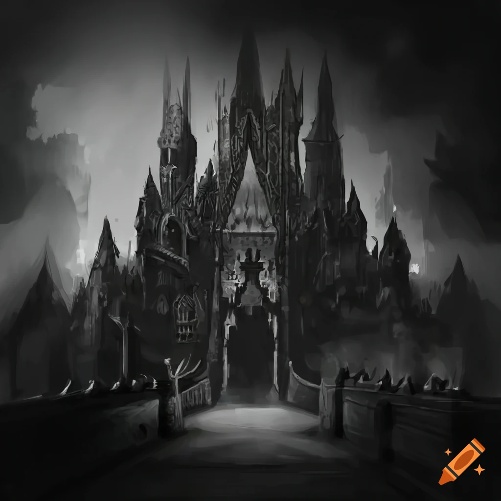 Black and white concept art of a palace gate on Craiyon