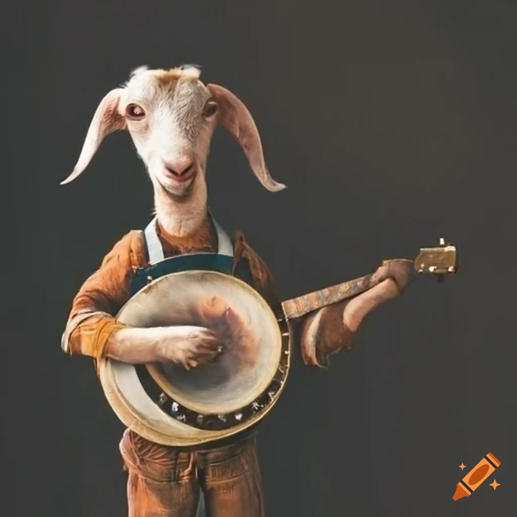 Goat playing banjo with bib overalls