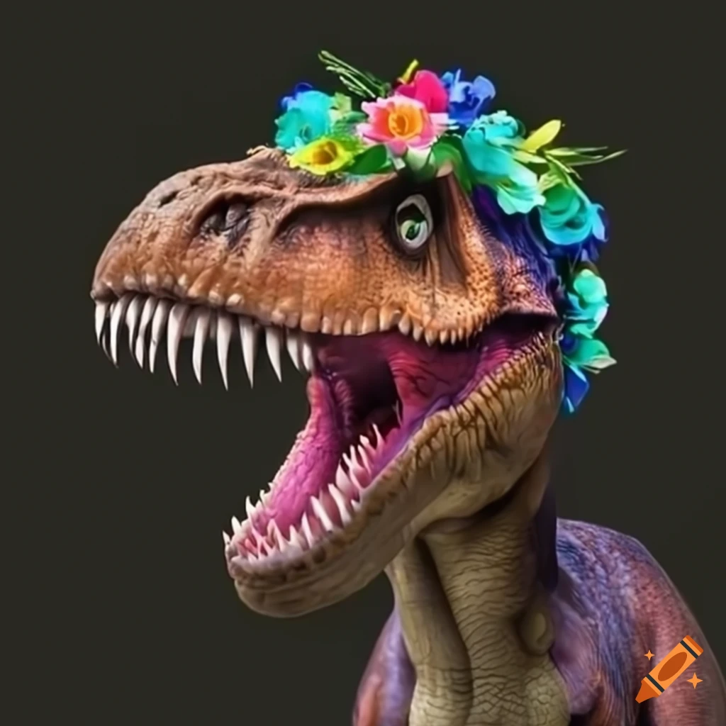 Colorful flower crown on a tyrannosaurus rex on Craiyon