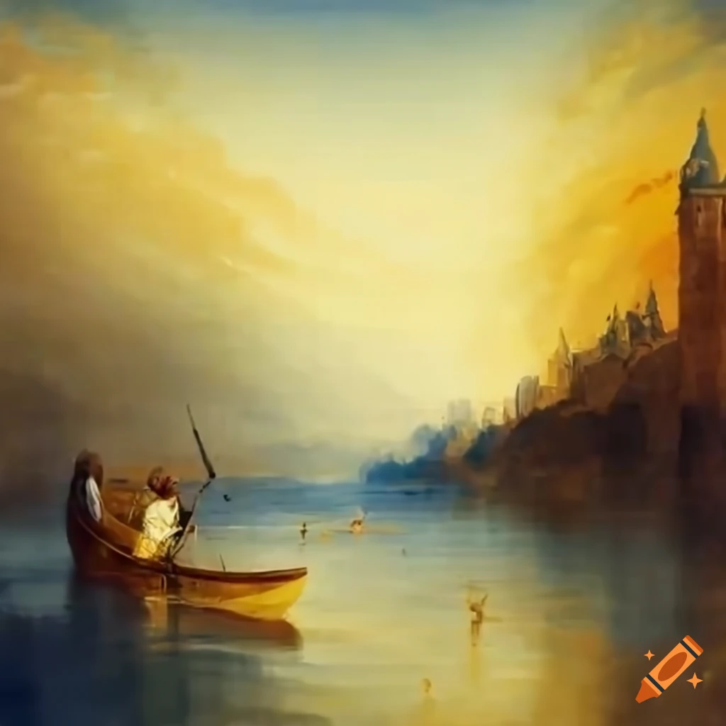 Medieval painting of a pilot controlling rowboat on Craiyon