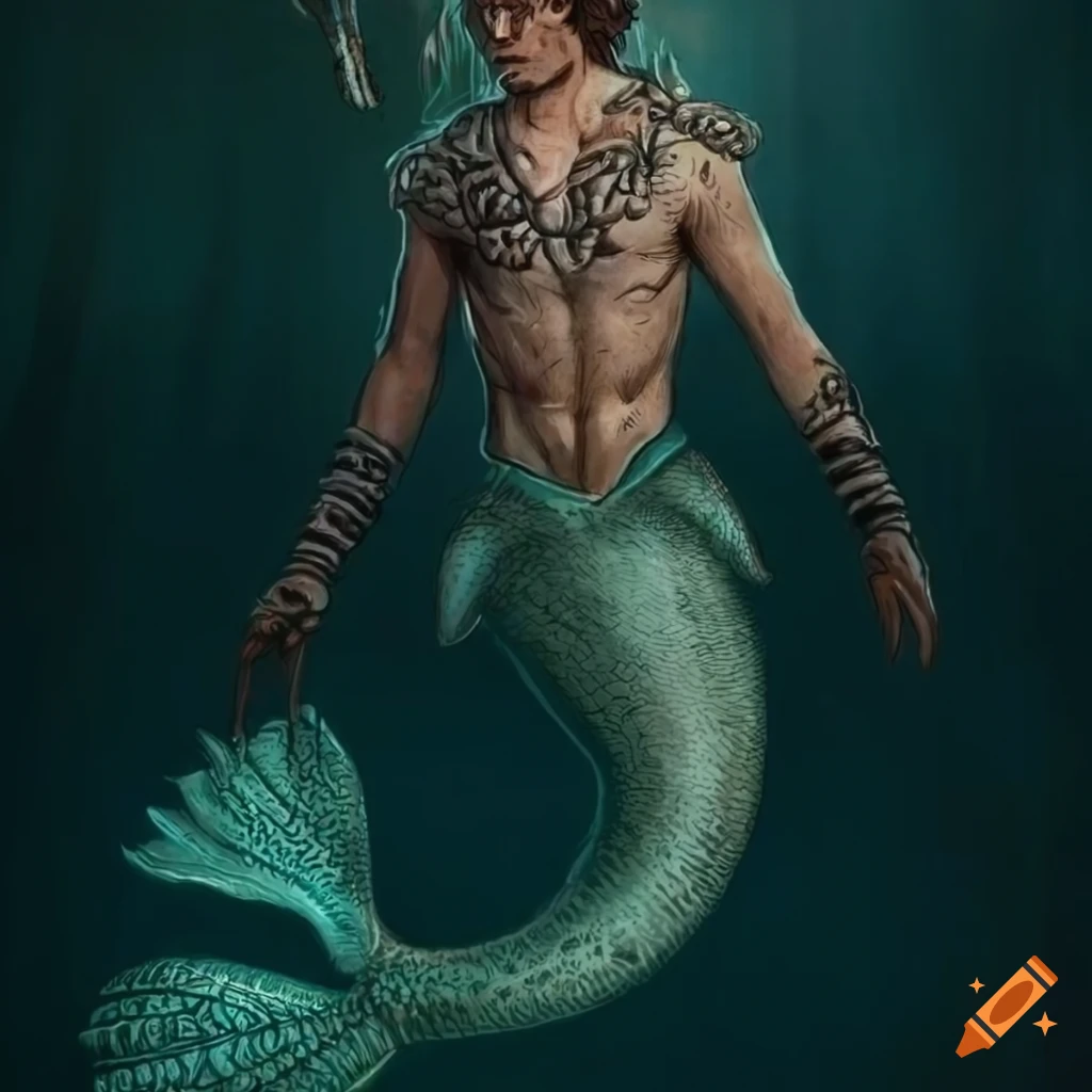 Etching of a merman wearing a black harness on Craiyon