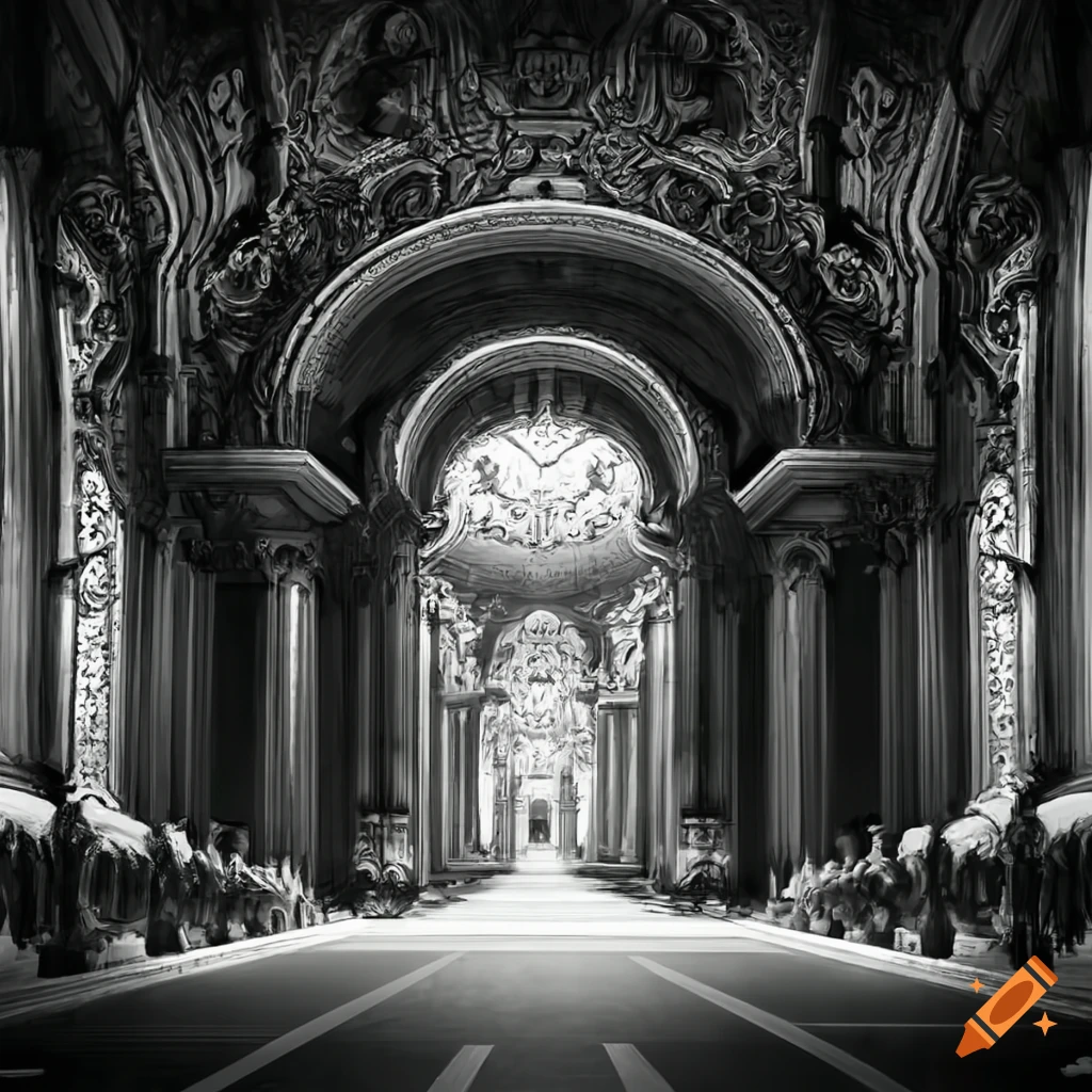 Impressive black and white concept art of a palace entrance on Craiyon