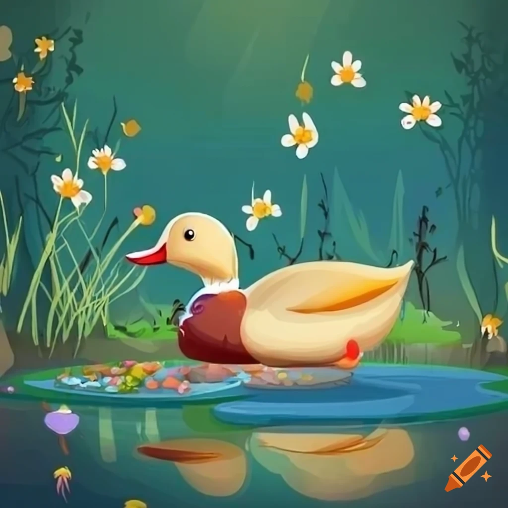 Cartoon duck swimming and playing in the waves on Craiyon