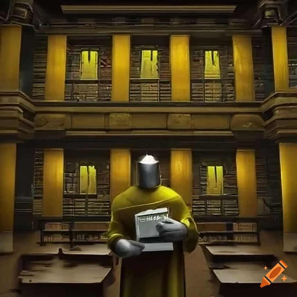 Hyper realistic artwork of a person in armor in a library on Craiyon