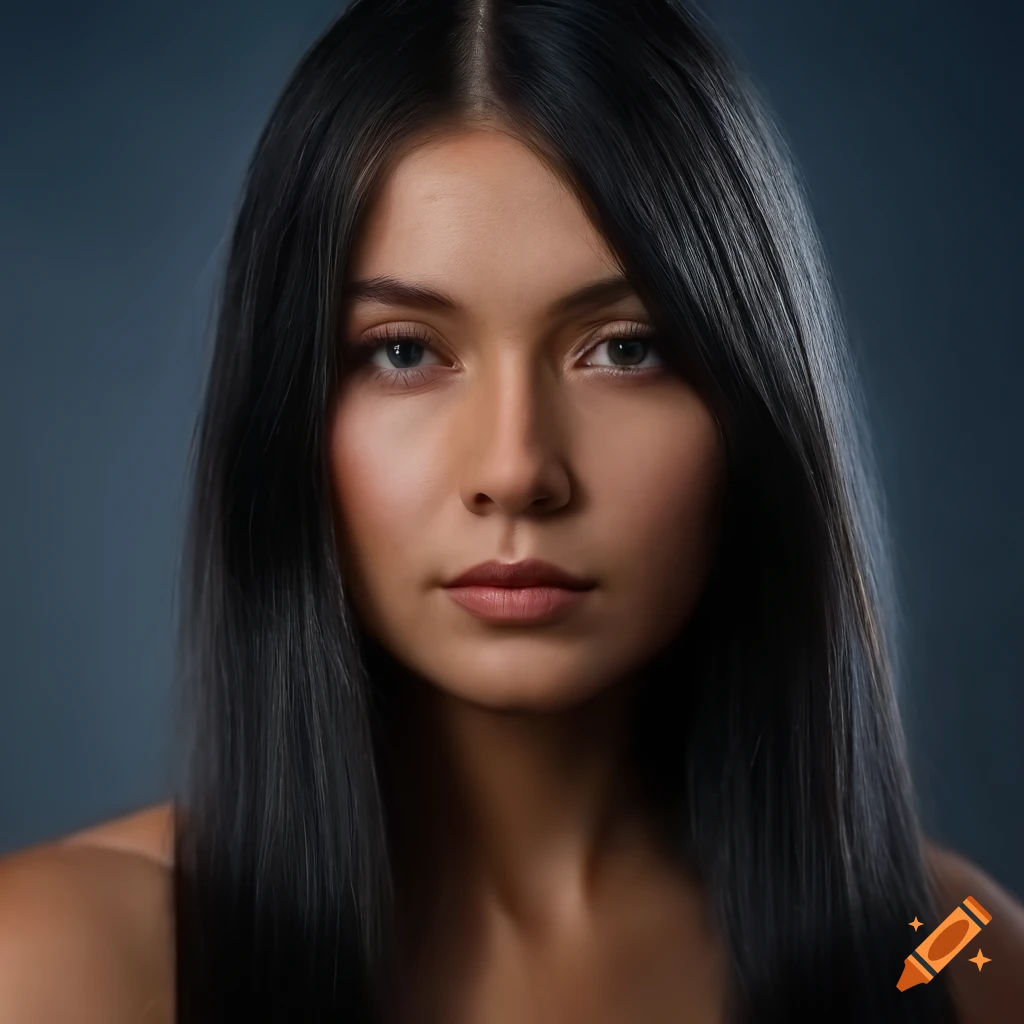 Close Up Portrait Of A Russian Woman With Dark Hair And Symmetrical Face