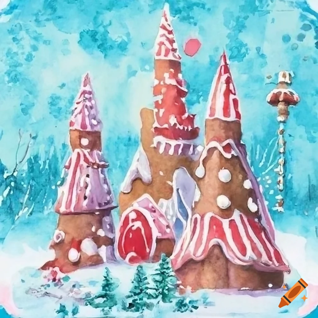 Watercolor christmas card with a gingerbread castle on Craiyon