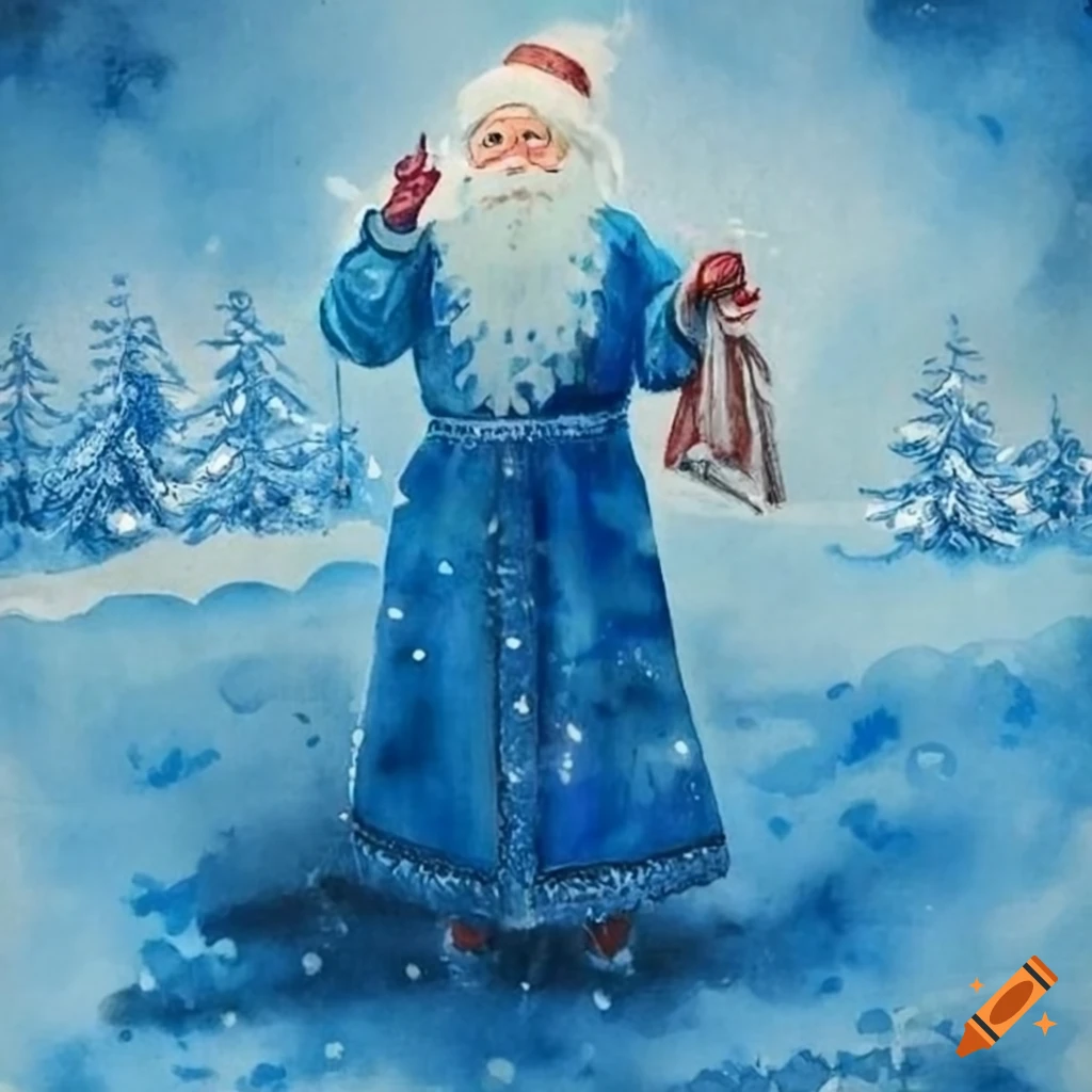 Happy russian father christmas in a highly detailed watercolor painting ...