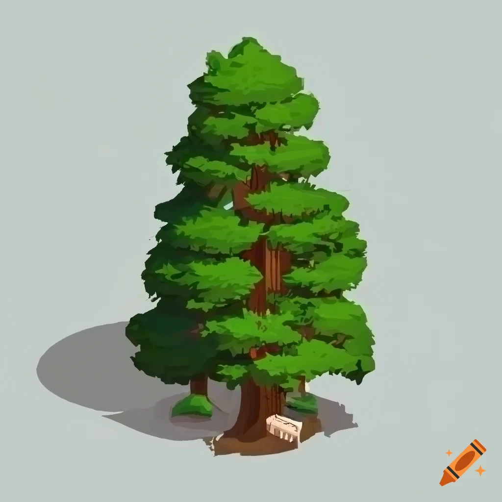 Isometric view of a tall redwood tree in a game