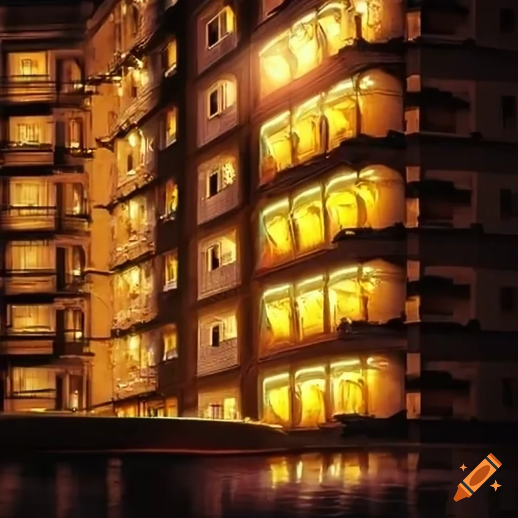 Night view of a hotel with yellow lights