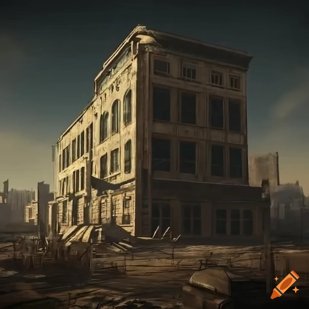 Artwork of an abandoned office building in post-apocalyptic wasteland ...