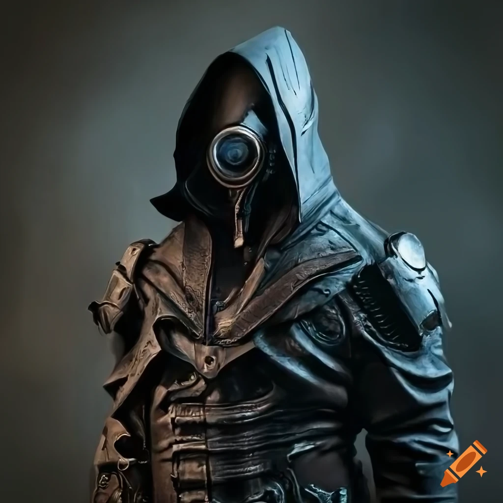 Hyperrealistic image of a dark fantasy assassin in black armor and gas ...