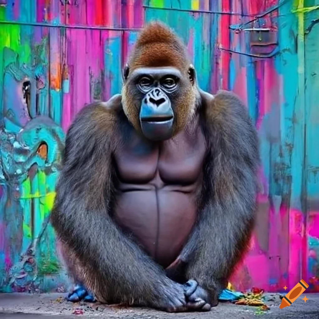 Gorilla sitting in front of vibrant urban artwork on Craiyon