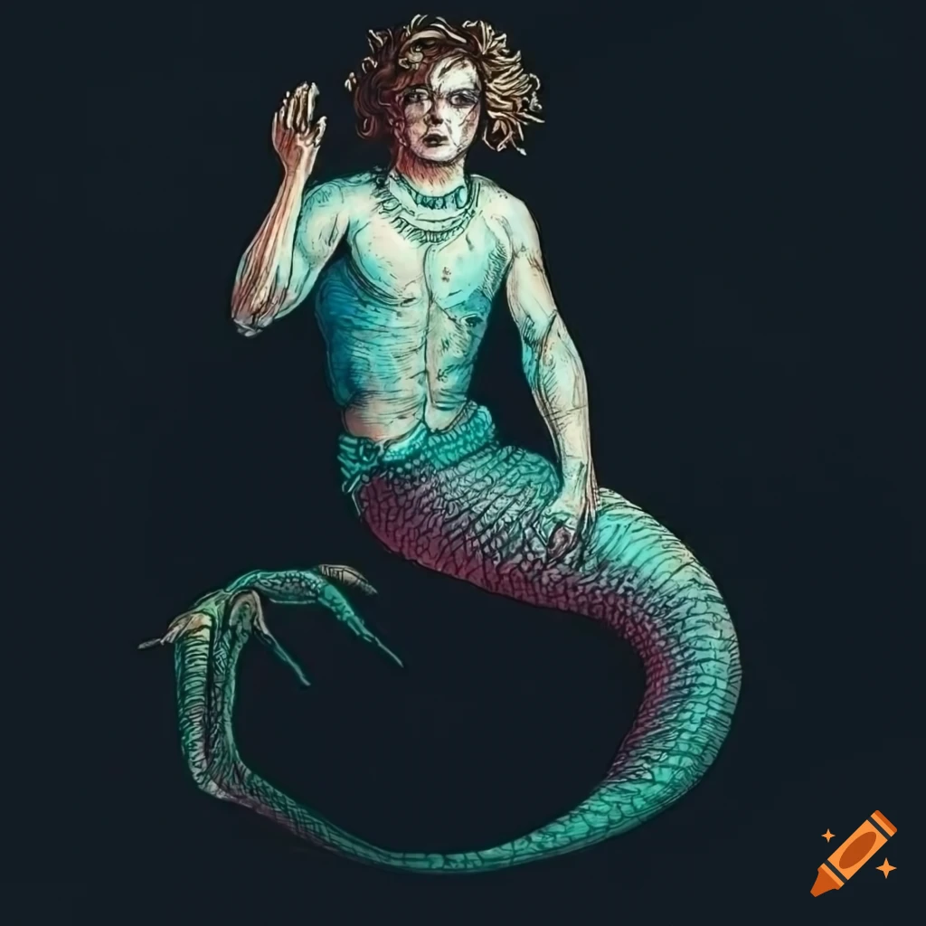 Etched art of a detailed gelatinous merman