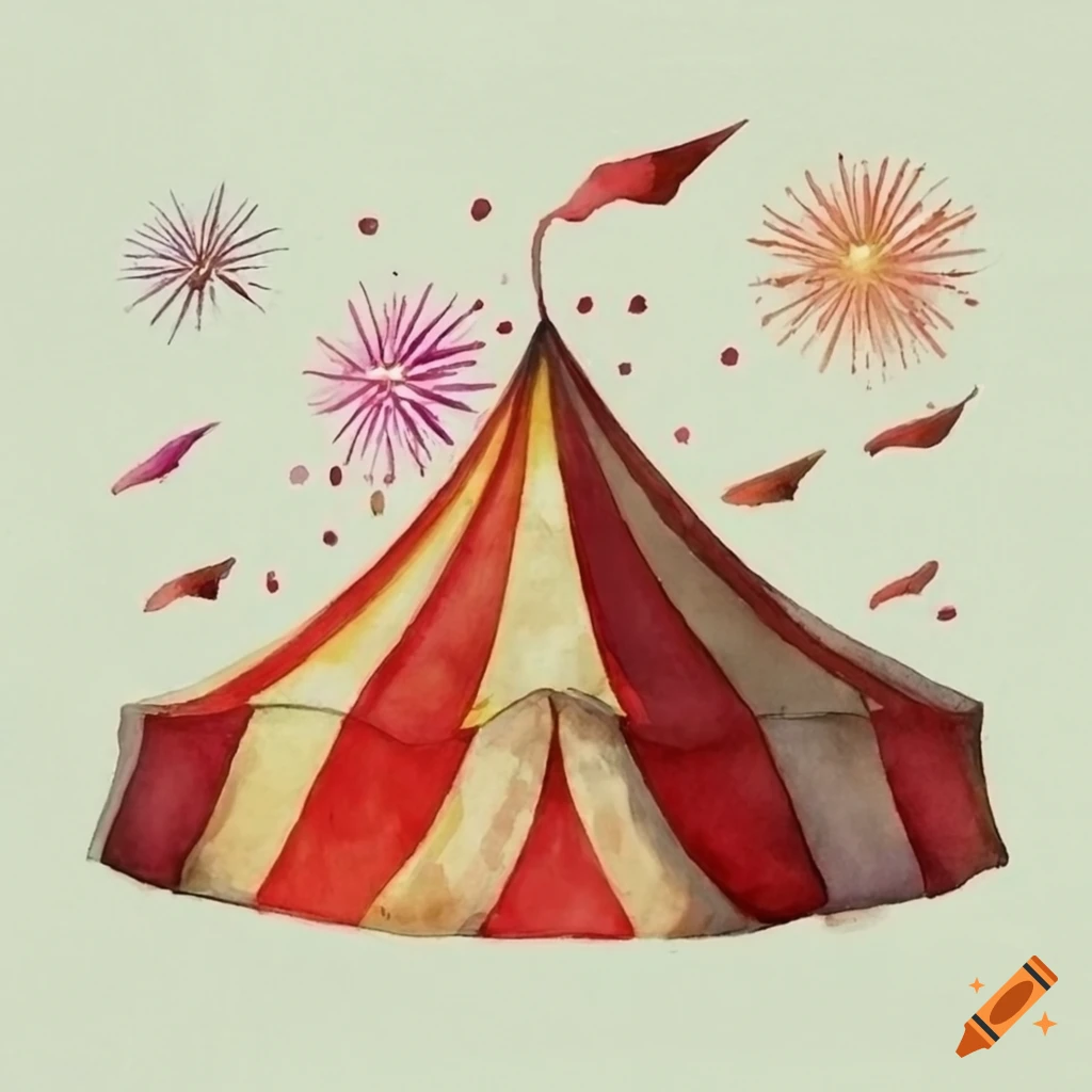 Watercolor painting of a circus tent with fireworks on Craiyon