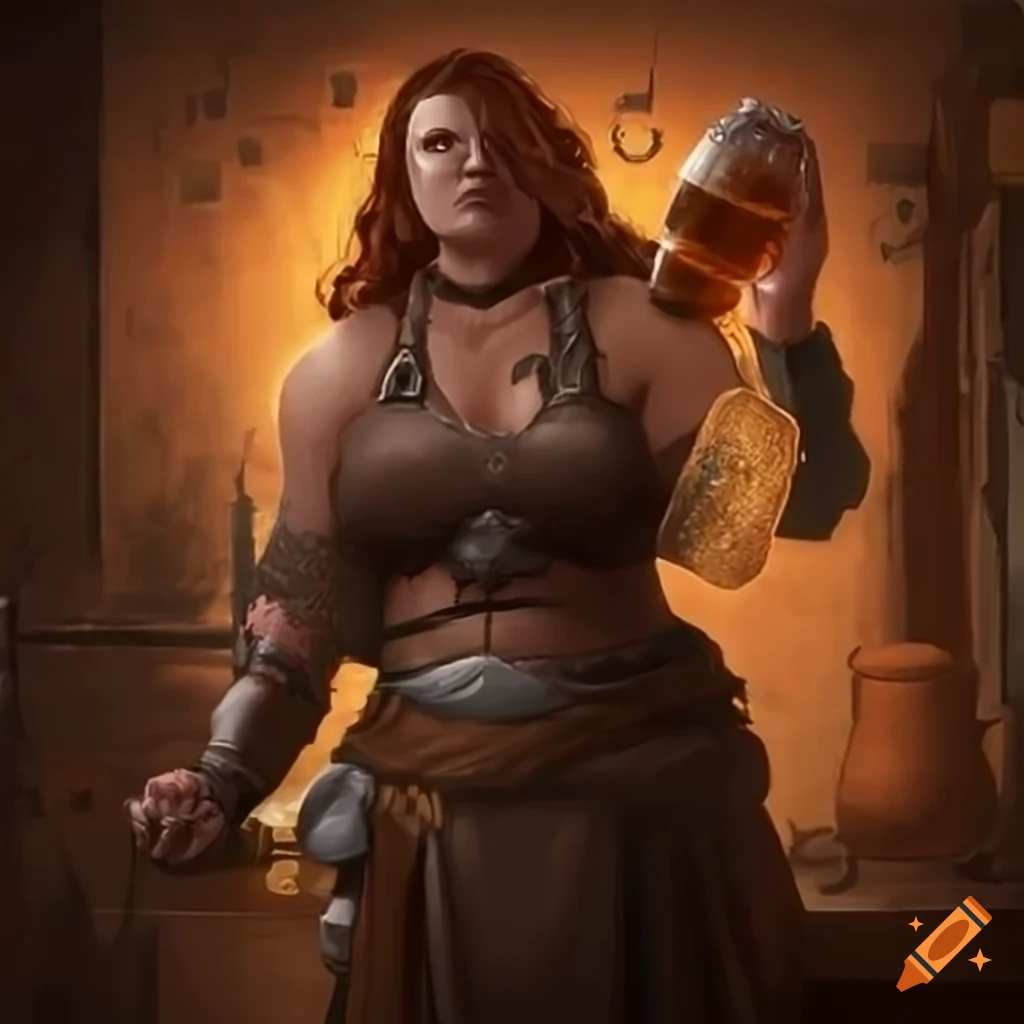 Female dwarven bard enjoying ale at a bar on Craiyon