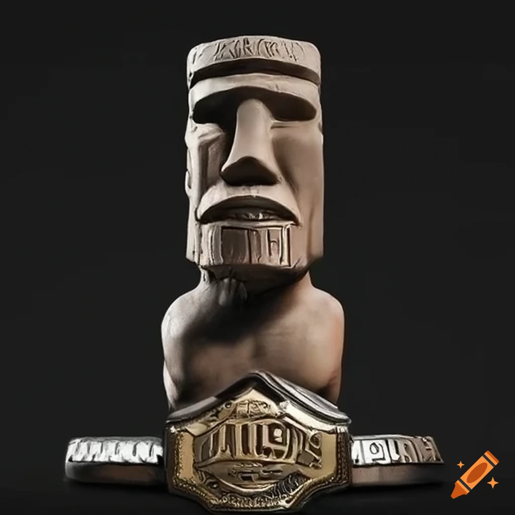 Moai sculpture with ufc championship belts