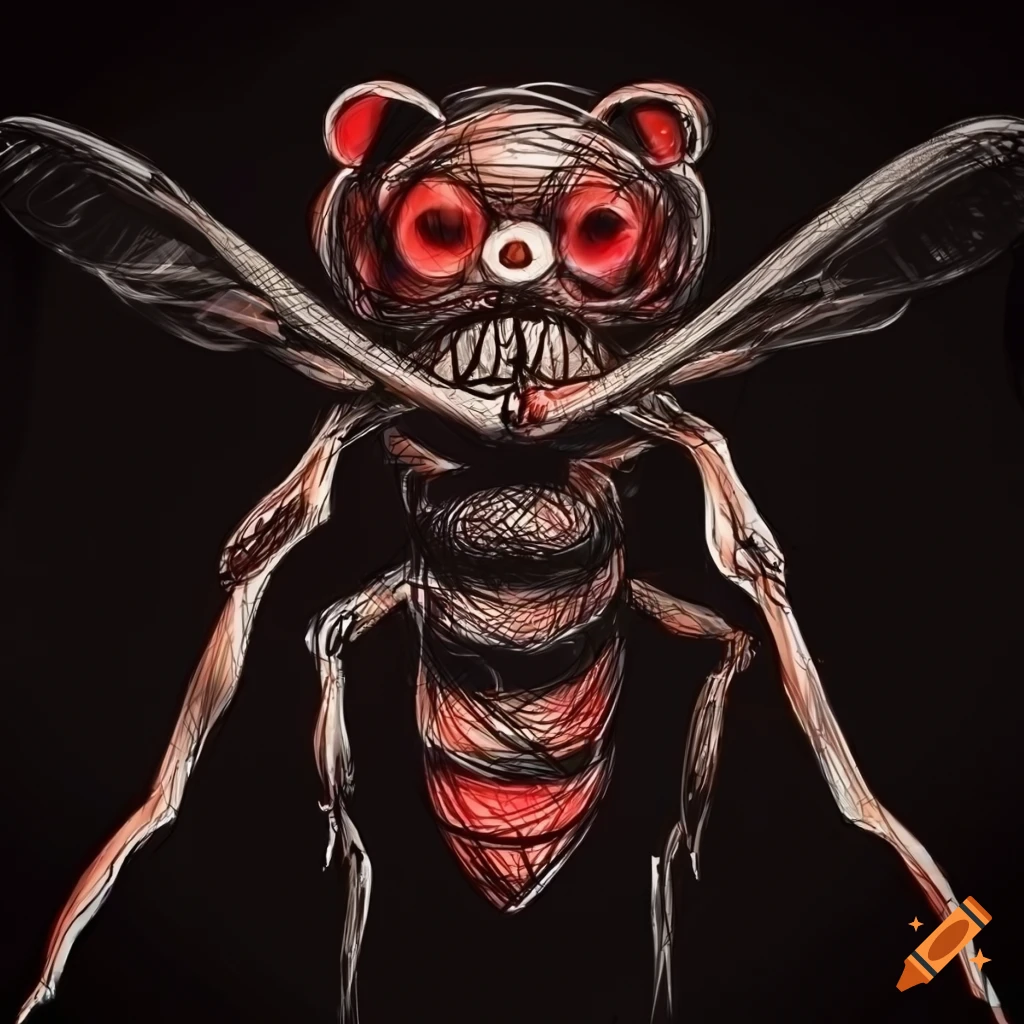 Sketch of a creepy wasp with red eyes
