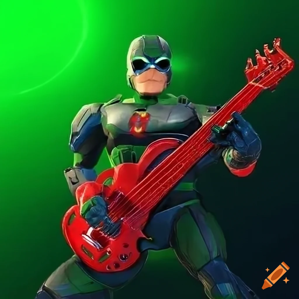 Illustration of a superhero bass player with a green halo on Craiyon