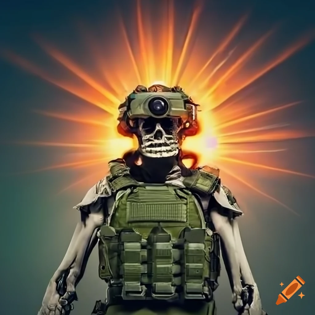 Skeleton in military gear looking up to the sky on Craiyon