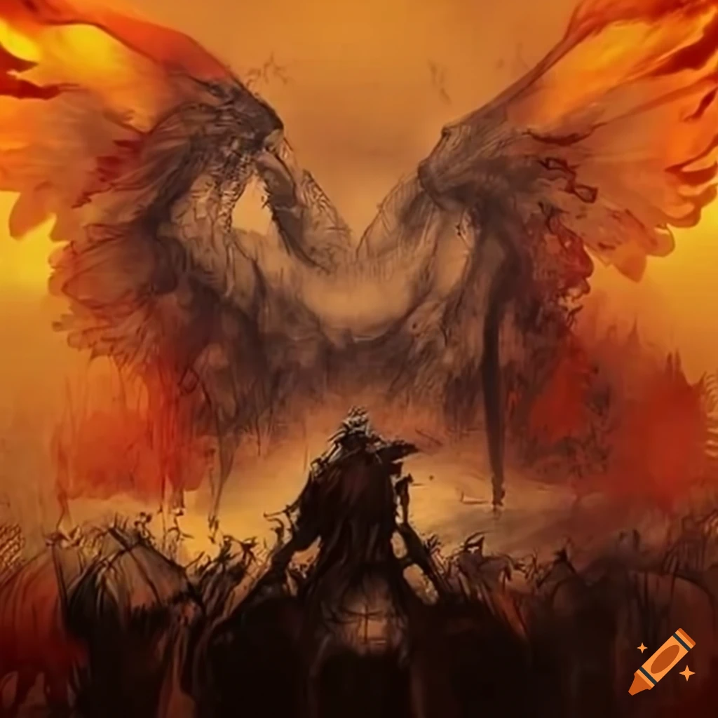 Epic battle scene with hero and mythical beings on Craiyon