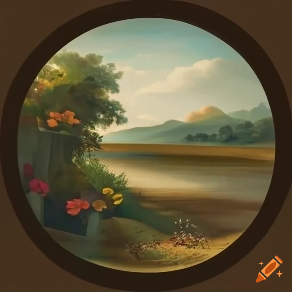 Window with a flower stand and natural landscape