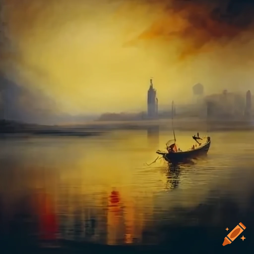 Medieval painting of a pilot controlling rowboat