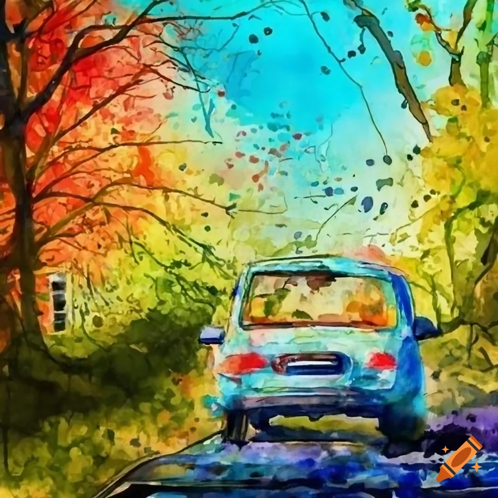 Watercolor painting of a car driving through a flowery lane on Craiyon