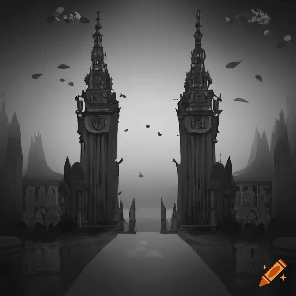 Black and white concept art of a palace gate on Craiyon